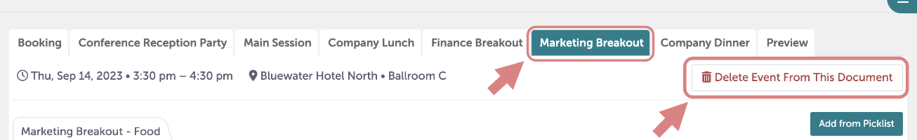 Adding and removing Events from Booking Documents – Tripleseat Support