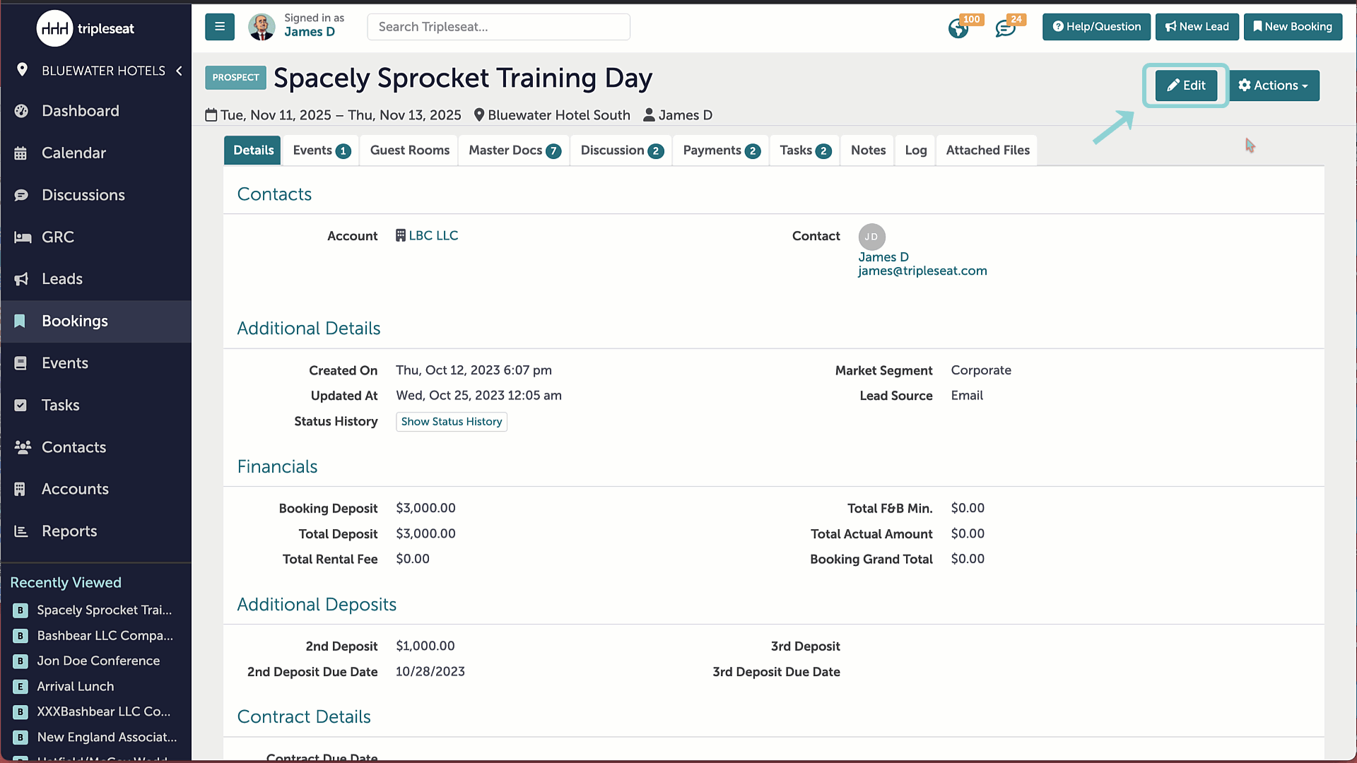 Creating Events in a Booking – Tripleseat Support