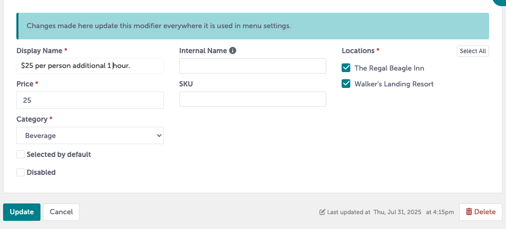 Bar Package Menu – Tripleseat Support