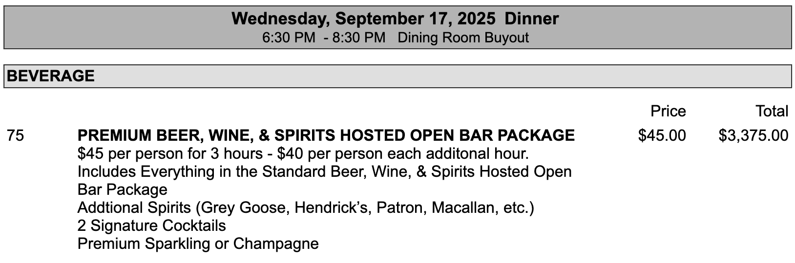 Bar Package Menu – Tripleseat Support